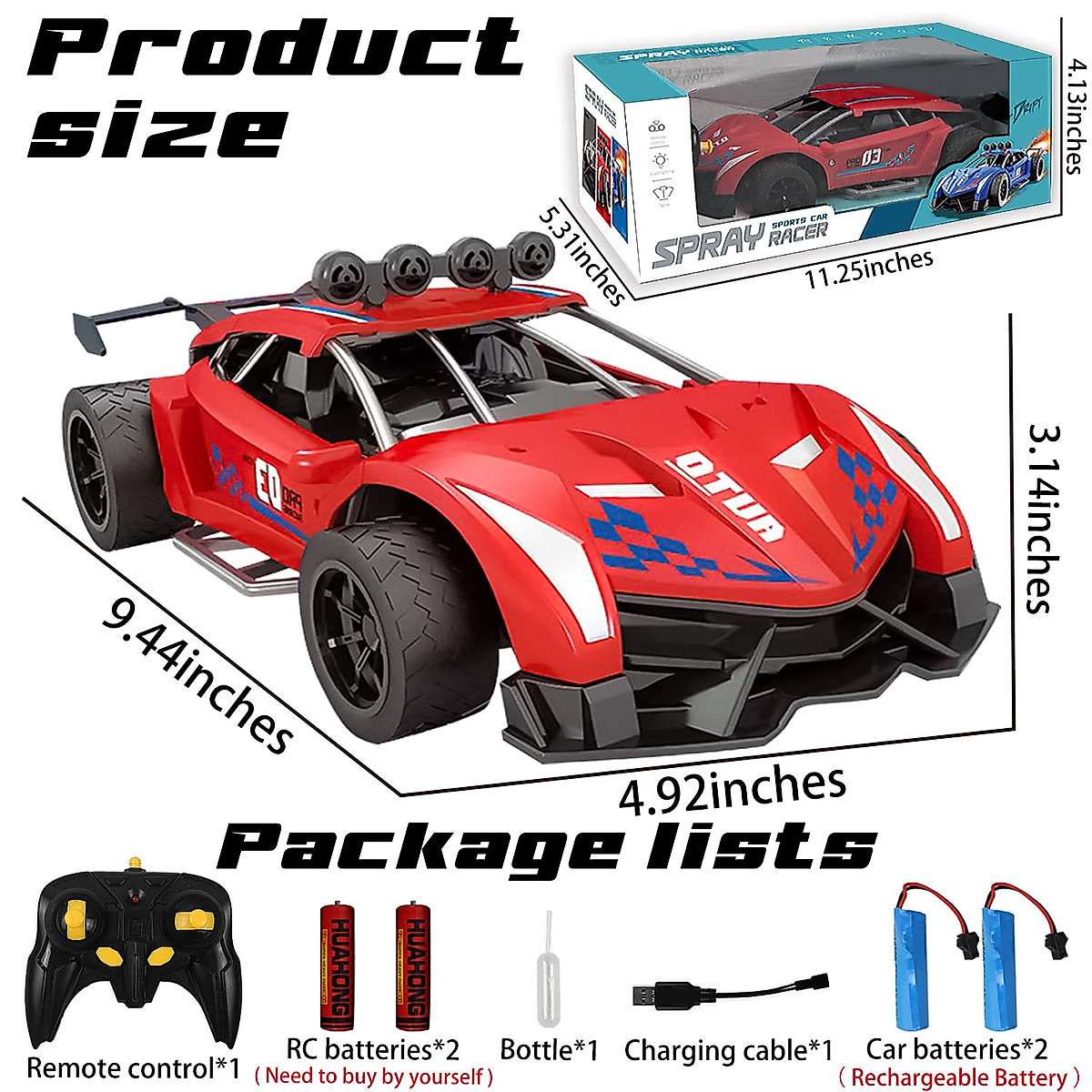 HT HONGTENG RC Car with Spray and Cool Lights,2.4Ghz Remote Control High-Speed Drifting Toy Racing,Christmas Birthday Gifts for Boys and Girls Aged 3-12. (Red Racing)