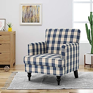 Christopher Knight Home Evete Tufted Fabric Club Chair, Blue Checkerboard, Dark Brown, 32D x 28.75W x 34.5H in