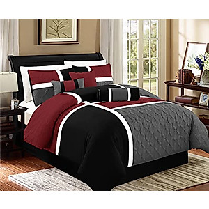 Chezmoi Collection 7-Piece Quilted Patchwork Comforter Set, Red/Gray/Black, Queen