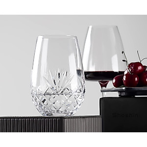 SHOSHIN - Hand Cut Stemless Wine Glass Set of 4, Large 18 oz Crystal Wine Glass, Wine Tumblers for Red and White Wine, Water Glasses, Drinking Glasses