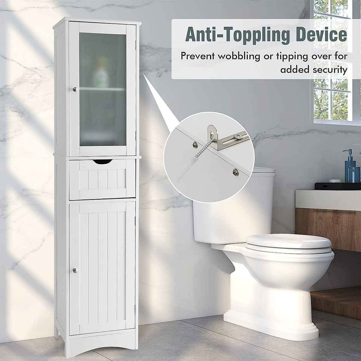 Tangkula 67" Tall Bathroom Storage Cabinet, Slim Freestanding Tower w/ 2 Doors & 1 Drawer, Narrow Floor Cabinet w/Adjustable Shelves & Tempered Glass Door for Bathroom Living Room (White)