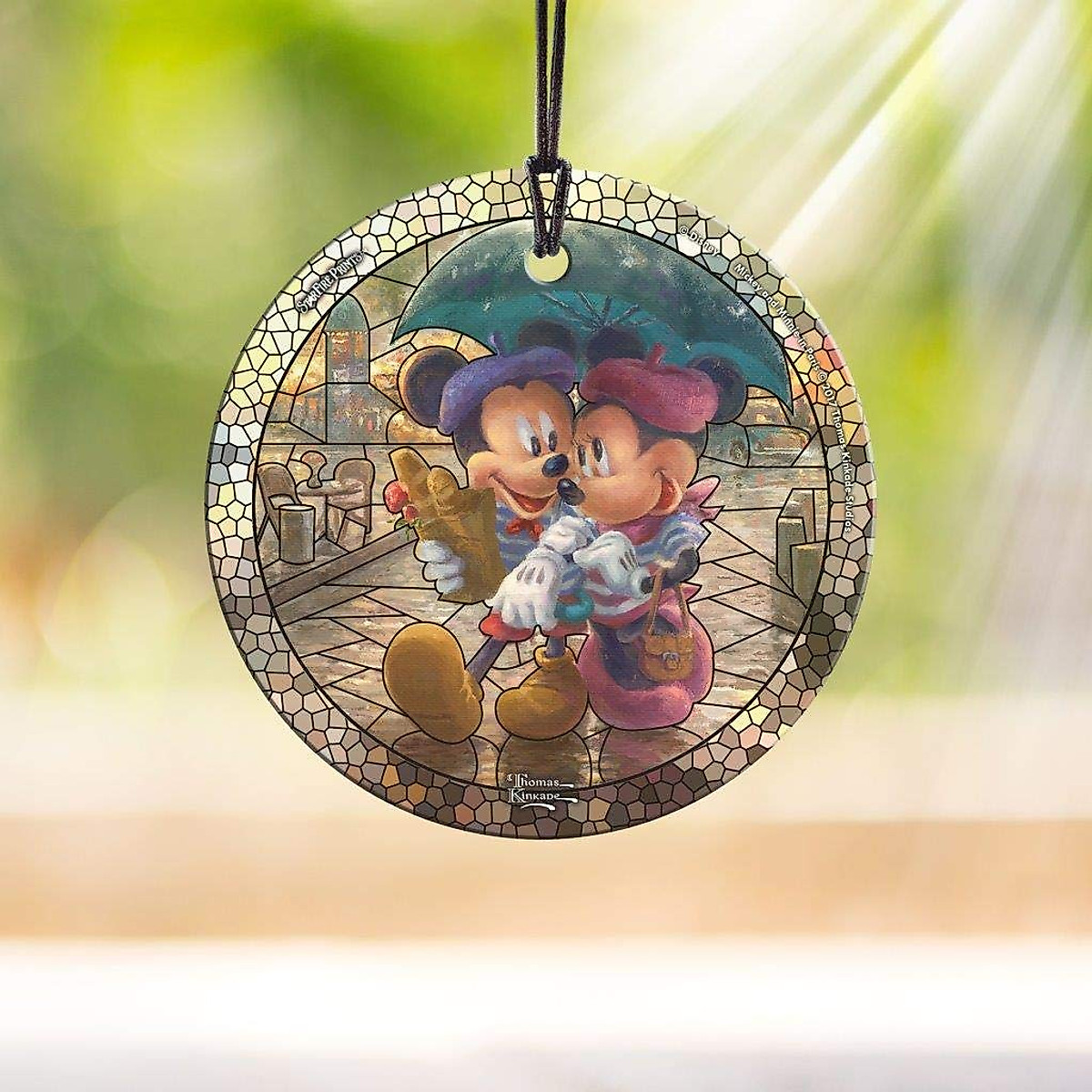 Trend Setters Disney – Mickey and Minnie in Paris – Artwork by Thomas Kinkade Studios – 3.5” Starfire Prints Hanging Glass Print Accessory - Ideal for Gifting and Collecting