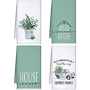 Bencailor 4 Pieces Eucalyptus Kitchen Towels 16 x 24 Inch Green Dish Towels Greenery House Hand Towels Absorbent Soft Microfiber Tea Towels for Home Wedding Kitchen Drying Towel