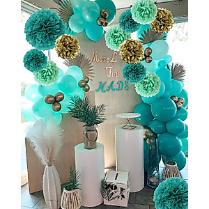 12PCS Teal Turquoise Aqua Gold Party Paper Flowers Streamers Pom Poms for Backdrop Birthday Wedding Baby Bridal Shower Bachelorette Christmas Nursery Wall Hanging Décor