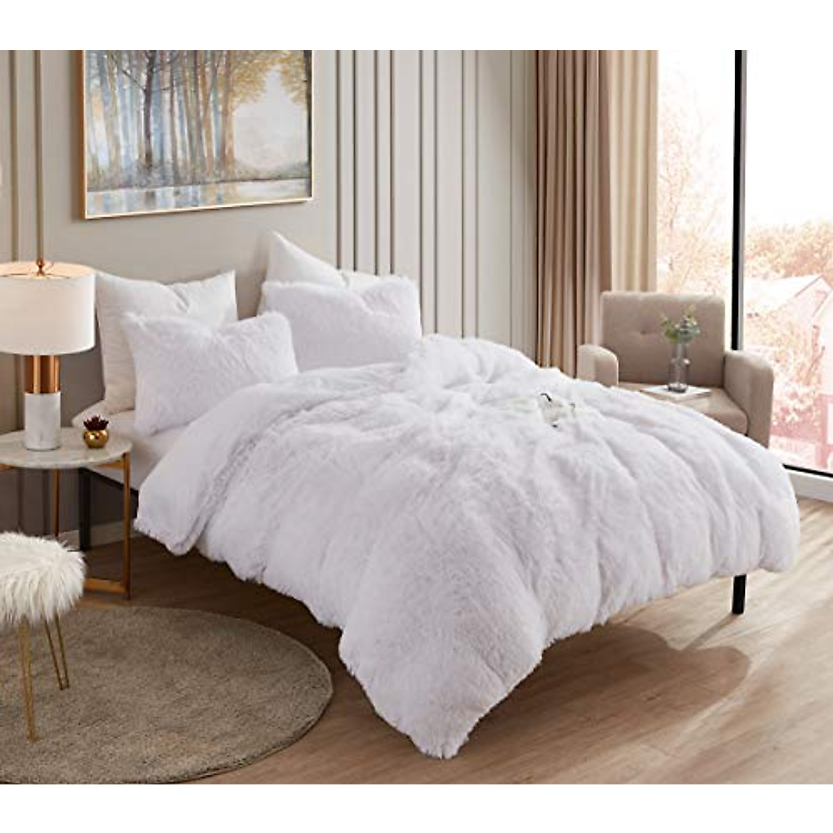 Sweet Home Collection Plush Shaggy Comforter Set Ultra Soft Luxurious Faux Fur Decorative Fluffy Crystal Velvet Bedding with 2 Shams, Queen, White