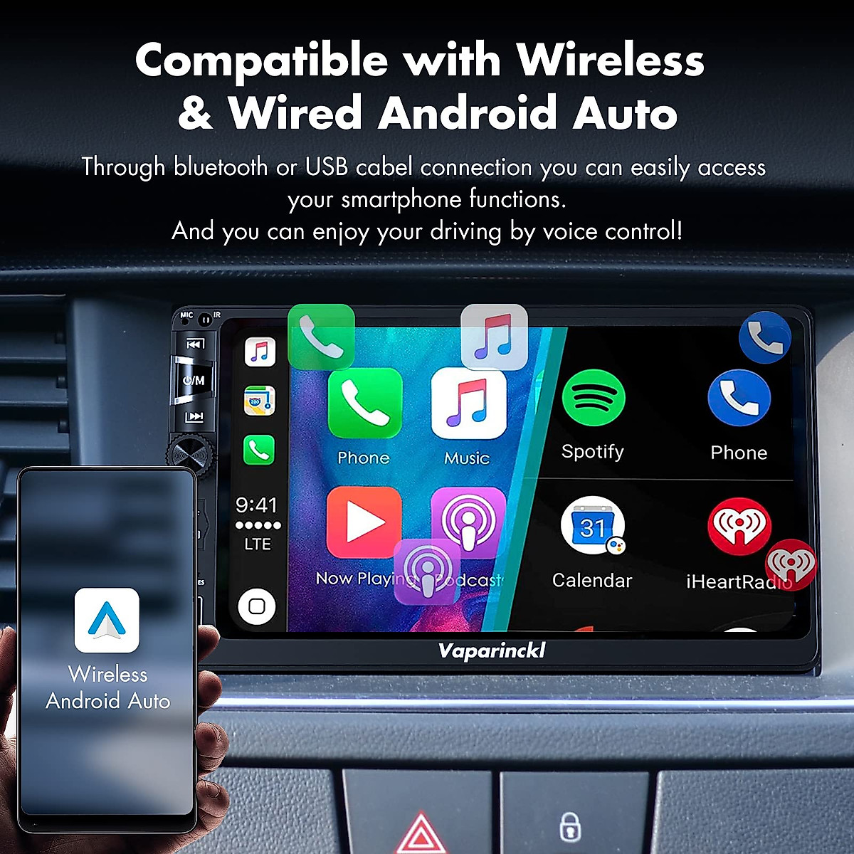 Vaparinckl Double Din Car Stereo with Wireless Apple CarPlay and Android Auto, 7-Inch FHD Touchscreen Car Audio Receiver with Voice Control, Bluetooth, FM, Subwoofer, Backup Camera, USB/TF/AUX Port