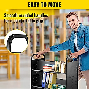 BestEquip Book Cart, 200LBS Library Cart, 49.2''x35.4''x18.9'' Rolling Book Cart, Double Sided W-Shaped Sloped Shelves with Lockable Wheels for Home Shelves Office School Book Truck Black
