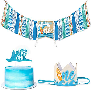 Vansolinne The Big One Highchair Banner 1st Birthday Boy Summer Beach Surf Birthday Party Decoration Baby First Blue Topper Cake Smash Party Decor Supplies Cute Photo Props Crown