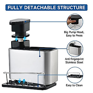 BIARTS Soap Dispenser for Kitchen Sink, 3-in-1 Sponge Holder for Kitchen Sink Caddy, Stainless Steel Kitchen Sink Organizer Tray Drainer Rack, Rustproof Dish Soap Dispenser Brush Holder Countertop