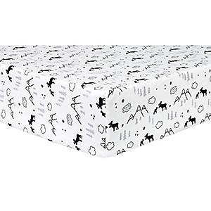 Lumberjack Moose Deluxe Flannel Fitted Crib Sheet-Moose and Mountain Print, Cotton Flannel, Black, Gray, White, Fully Elasticized, 10 in Deep Pockets, Fits Standard Crib Mattress 28 in x 52 in