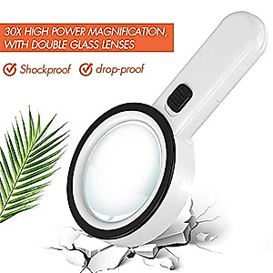 Leffis Magnifier Magnifying Glass with Light, 30X Handheld 12 LED Illuminated Lighted Magnifying Glasses for Seniors & Kids Close Work, Reading, Inspection, Jewellery (White)