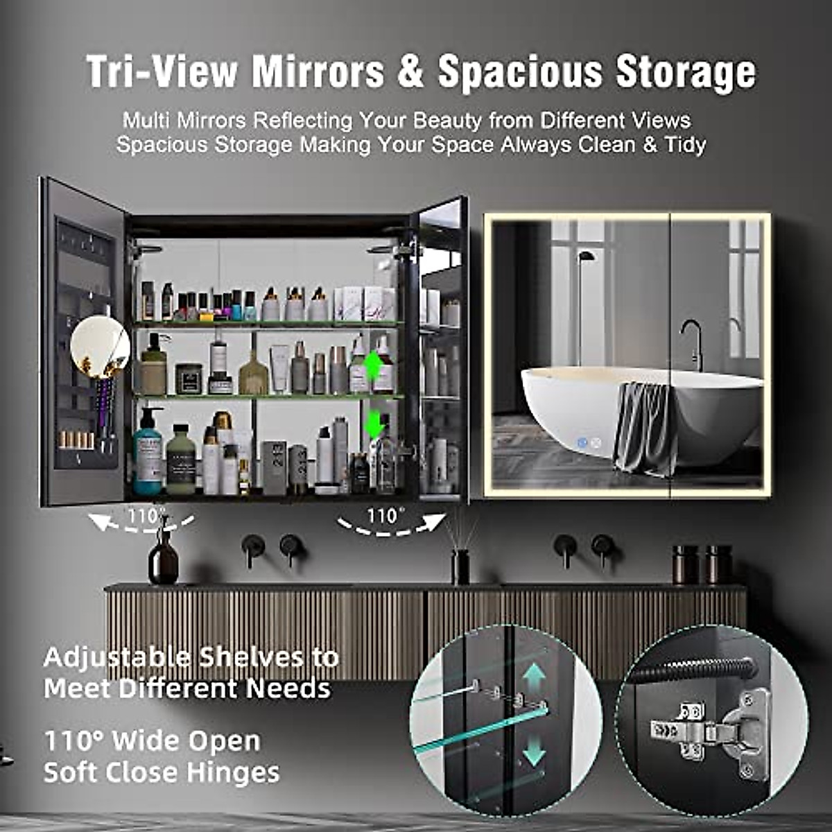 VESLINY Medicine Cabinets 30x32 LED Lighted Medicine Cabinet with Mirror for Bathroom Double Doors with Flip-Out Magnifying Mirror Door Storage Defogger Dimmable Lighting Black Surface Wall Mount