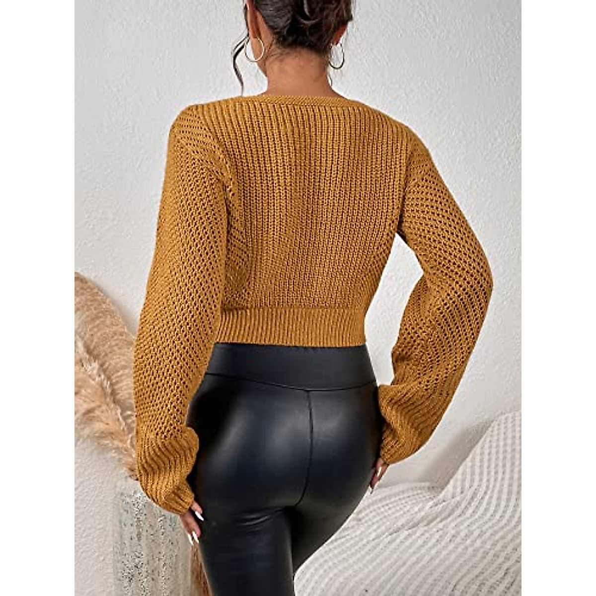 SweatyRocks Women's Long Sleeve V Neck Chain Top Pointelle Knit Pullover Sweater Crop Tops Ginger L