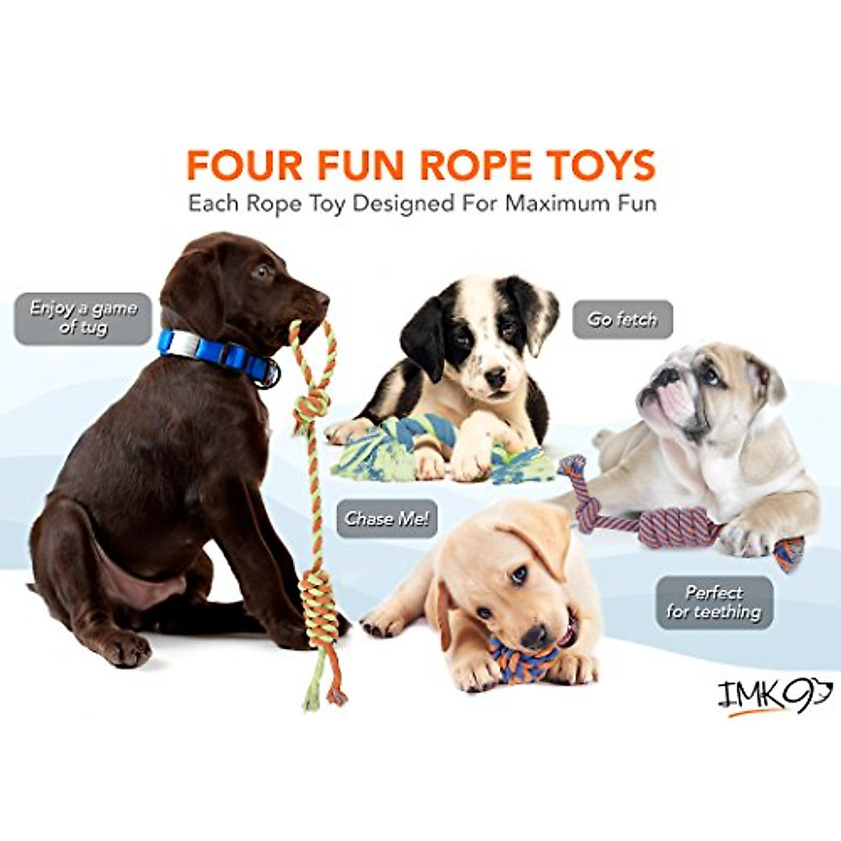 Dog Chew Rope Toys – Set Of 4 Ropes - For Large, Small Teething Pets – All Puppy Breeds Aggressive Chewers – 100% Cotton for Natural Floss – With Ball, Tough Teething Rope, Tug-Of-War & Fetching Bone