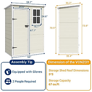 VONZOY Outdoor Storage Shed, 5x3FT Resin Shed with Floor, Lockable Door & Window, Waterproof Tool Sheds & Outdoor Storage for Bike, Garbage Cans,Garden Accessories, Sandstone