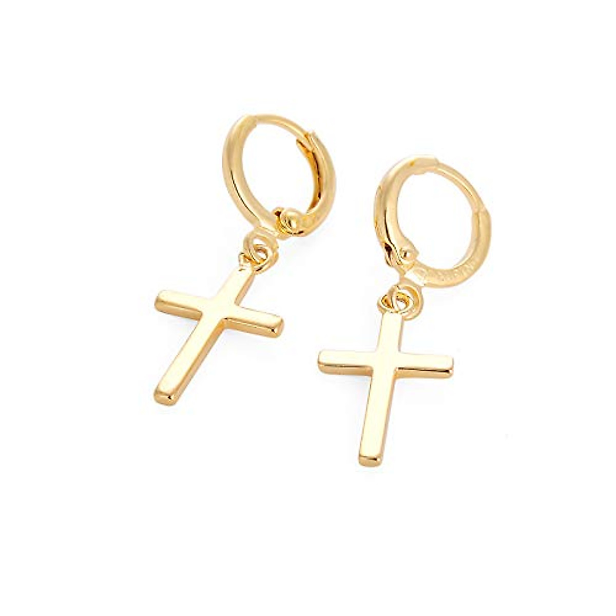 Mens Cross Earrings 24k Yellow Gold Plated Hoop with Snap Closure