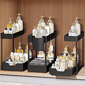 Under Sink Organizers and Storage, 3 Pack of 2-Tier Multi-Use Cabinet Organizers with Sliding Drawers, Hooks and Hanging Cups, Under Sink Organizers for Kitchen and Bathroom Home Organization(Black)