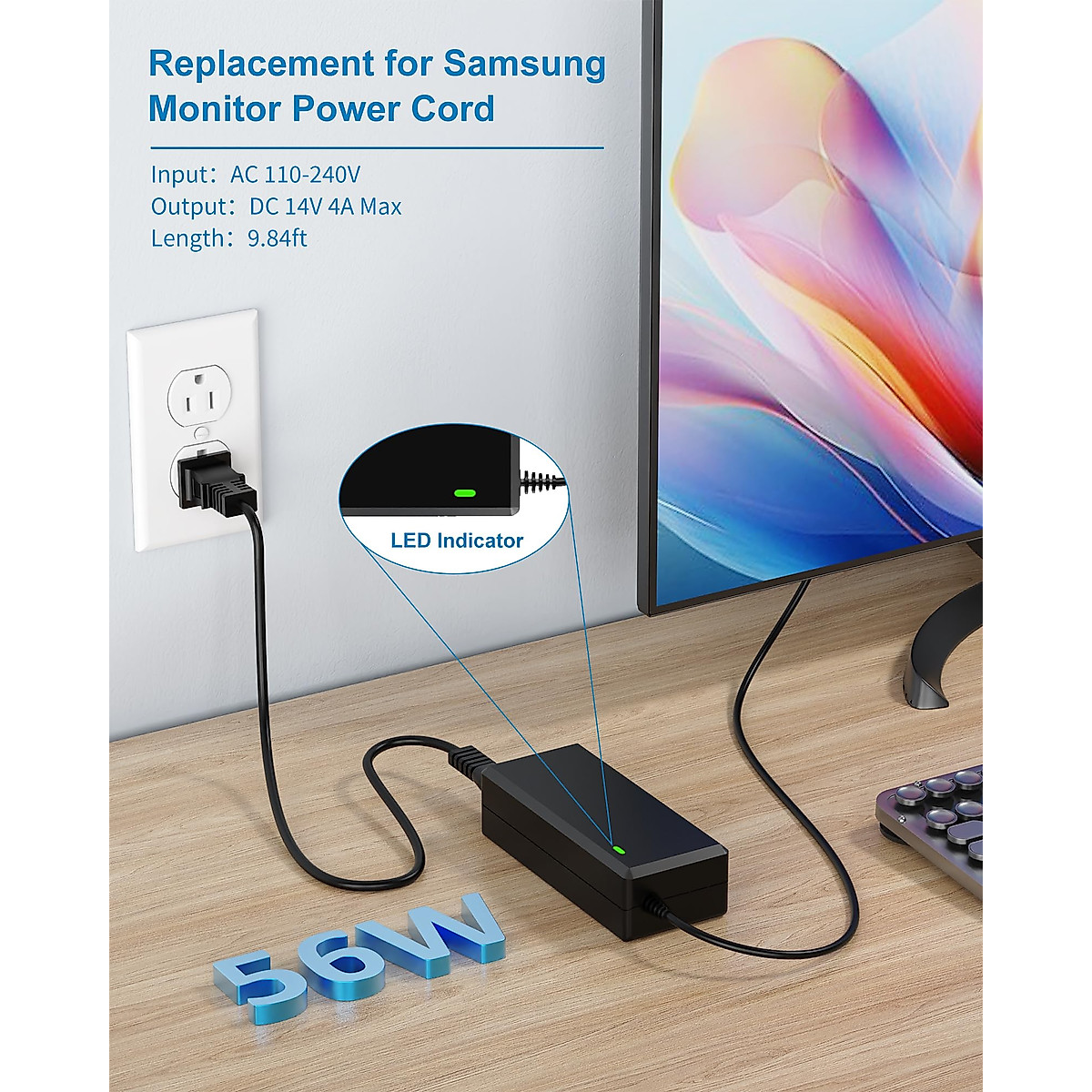 for Samsung Monitor Power Cord DC 14V 4A for Samsung SyncMaster 32” 27" 24" 22" 23" 20" 19" 18" 17" 15” Screen LED LCD TFT Monitor TV Power Supply Cord