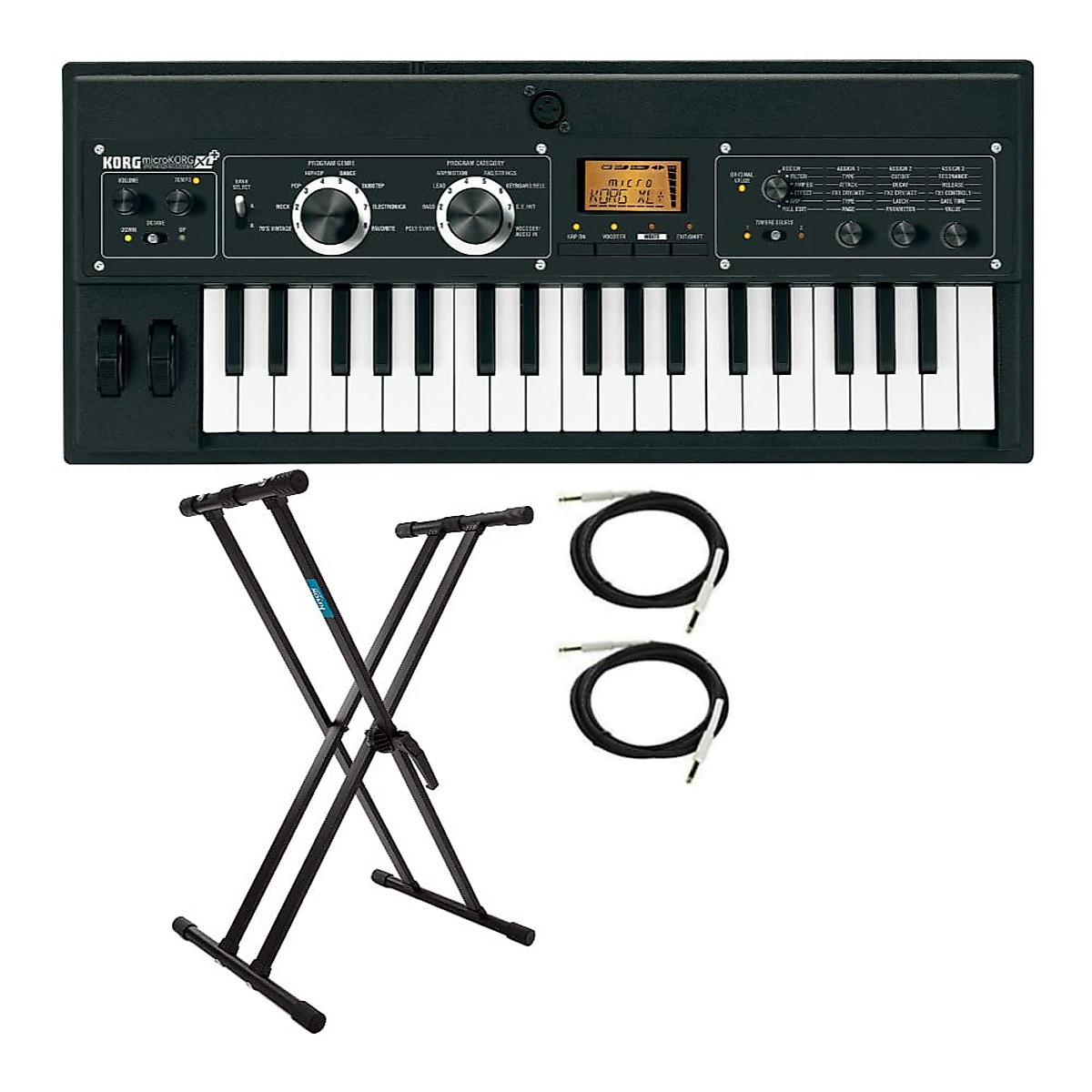 Korg microKORG XL+ 37-Key Synthesizer/Vocoder Bundle with Knox Gear Keyboard Stand and 1/4-Inch to 1/4-Inch 8mm TS Cable (2-Pack) (4 Items)