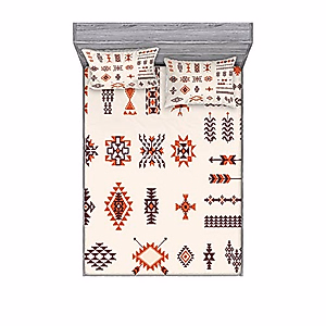 Ambesonne Tribal Fitted Sheet & Pillow Sham Set, Illustration of Aztec Culture Pattern Tribal Design Geometric Print, Decorative Printed 3 Piece Bedding Decor Set, Queen, Brown Orange