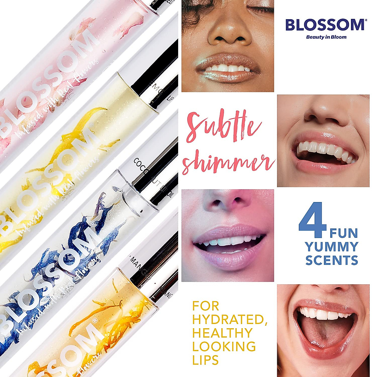 Blossom Moisturizing and Hydrating Shimmer Sparkle Lip Oil with Olive Oil + Grape Seed Oil, Infused with Real Flowers, 3g, Watermelon