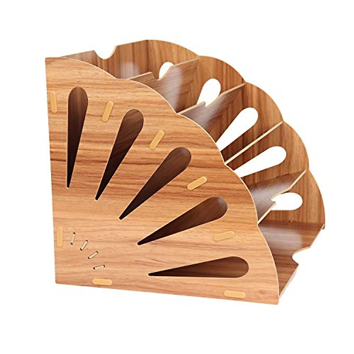 File Folder Holder Wood Organizer 5 Compartment, File Sorter Wood Buckle Design Desktop Fan-Shaped Mail Letter Document Magazine File Assembly Divider DIY Office Tabletop Storage Box (Brown)