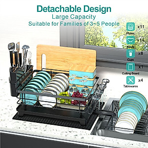 ouosawa Dish Drying Rack with Drainboard, Stainless Steel 2 Tier Large Dish Racks for Kitchen Counter, Detachable Dish Strainer Rack with Cup Holder, Utensil Holder & Cutting-Board Holder, Black