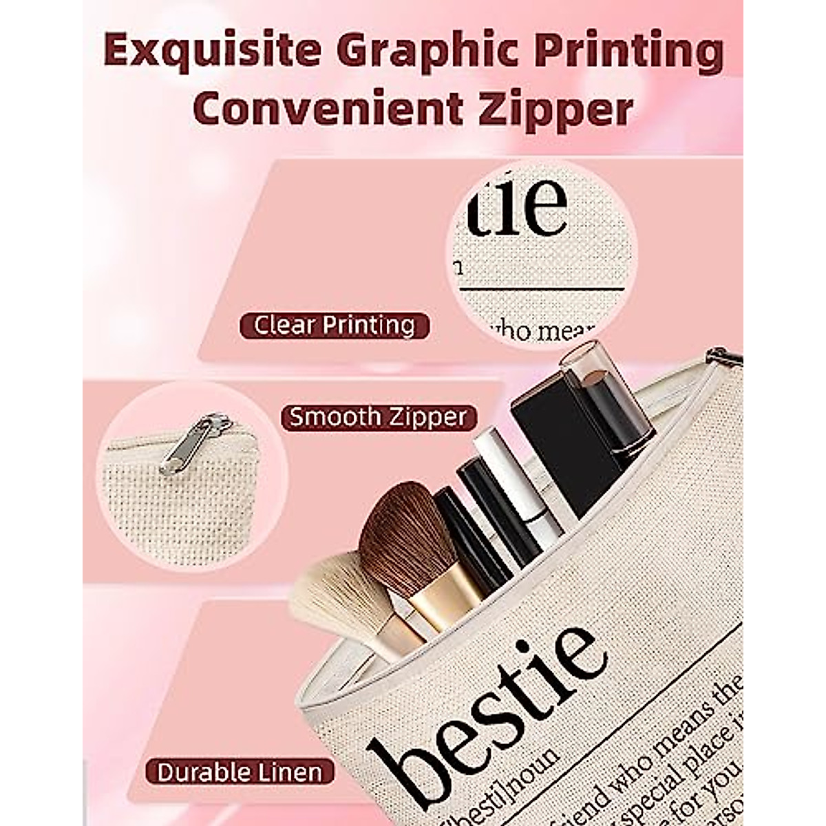 LISEVO Bestie Gifts for Women, Besties Makeup Bag Gift, Cute BestFriend Make Up Bag Presents, Handmade Friendship Cosmetic Bags for Graduation Birthday Valentine Women's Day Easter Christmas