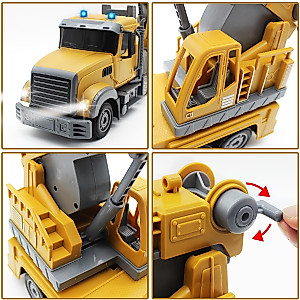 QuirkyGlee Remote Control Crane Truck Toy, RC Crane Truck 7 Channel 1:24 Construction Vehicles Toys，with One-Touch Lift Sounds & Lights, Two Rechargeable Batteries, Kids Cranes Toy for Boy Gift