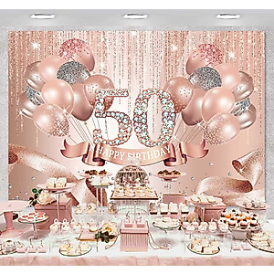 Sensfun Happy 50th Birthday Backdrop Rose Gold Diamonds Fabulous 50th Birthday Background Glitter Balloons Fifty Years Old Age Women Birthday Party Banner Decorations Supplies 7x5ft