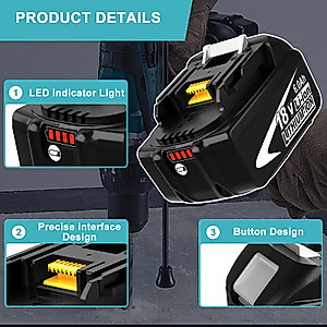 2Packs BL1860B 18 Volt 6.0Ah Replacement Battery Compatible with 18V Lithium ion Battery BL1860 BL1850B BL1850 BL1840 BL1830 BL1820 BL1815B LXT400 with LED Indicator Cordless Power Tools (White)