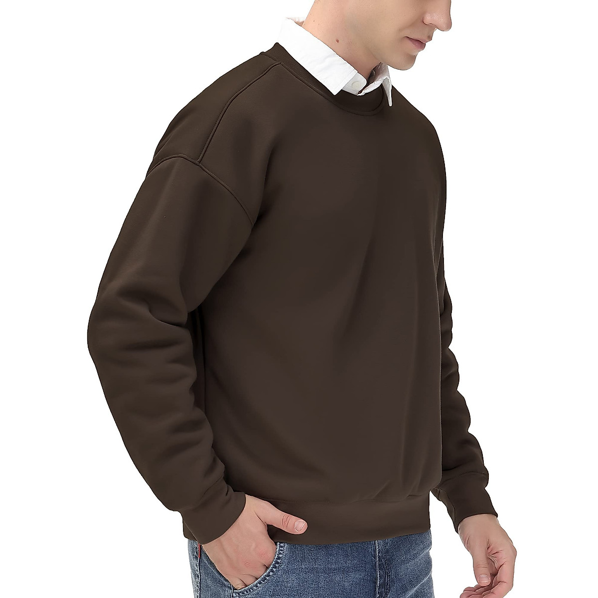 THE GYM PEOPLE Men's Fleece Crewneck Sweatshirt Thick Loose fit Soft Basic Pullover Sweatshirt(Brown, Small)