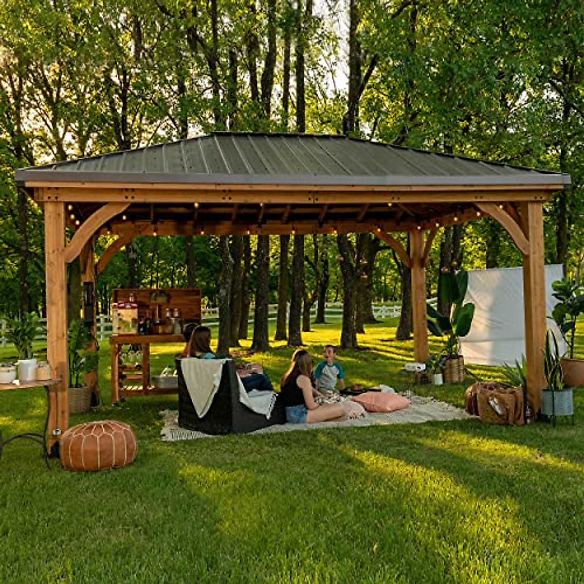 Backyard Discovery Barrington 14 ft. x 12 ft. Hip Roof Cedar Wood Gazebo, Shade, Rain, Hard Top Steel Metal Roof, All Weather Protected, Wind Resistant up to 100 mph, Holds up to 6500 lbs