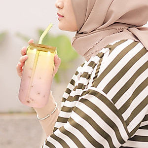 Kichvoe Glass Cups with Wood Lids and Straws 500ml Wide Mouth Drinking Mason Glass Tumbler Reusable Beer Cans Glasses Iced Coffee Glass Juice Bo Ba Cup Milk Cup for Home Office--Blue