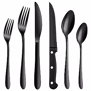 48-Piece Black Silverware Set for 8, Stainless Steel Flatware Cutlery Set with Steak Knives, Stain Finish Kitchen Utensil Tableware Set, Includes Spoons Forks Knives for Home Hotel, Dishwasher Safe