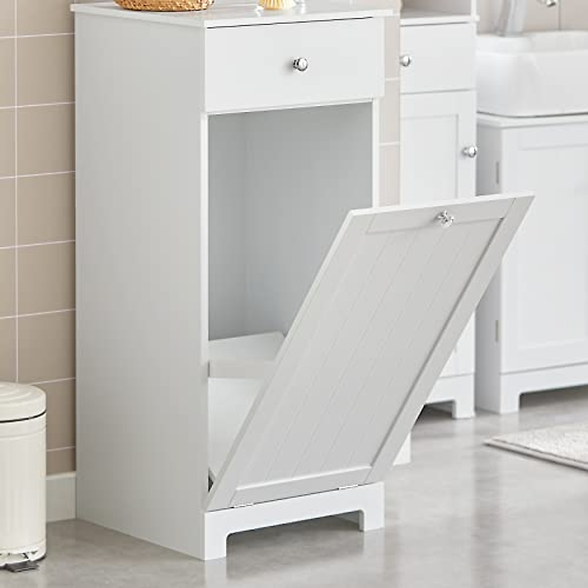 Haotian BZR21-W, White Bathroom Laundry Cabinet with Basket, Tilt-Out Laundry Hamper, Bathroom Storage Cabinet Unit with Drawer, 15.7"x15"x35.4"