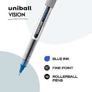 uniball Vision Rollerball Pens with 0.7mm Fine Point, Blue, 12 Count