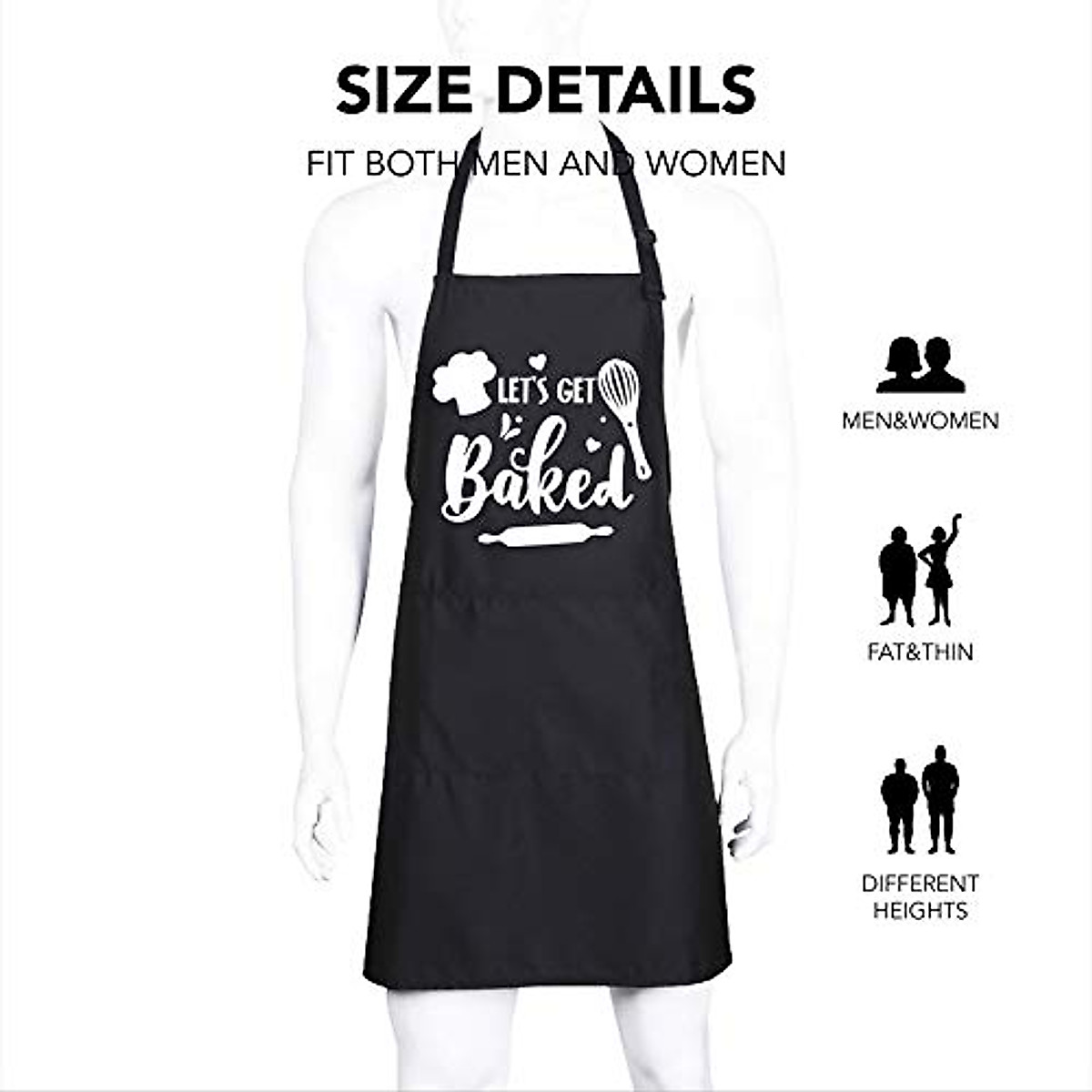 Ihopes Funny Black Baking Apron for Women Teens Baker,Cute Let's Get Baked Baking Apron with 2 Pockets and Adjustable Neck Strap,Perfect for Birthday/Christmas/Thanksgiving, Large