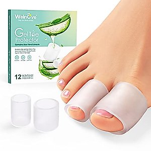 Welnove Toe Protectors – 12-Pack Aloe Vera Extract Infused Silicone Toe Sleeve Toe Covers for Hammer Toes, Corns, Calluses, Blisters – Soft Gel Protector Toe Cushions for Pain Relief (Multi-Size)