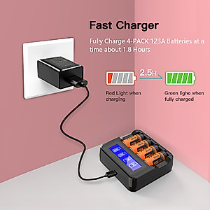 DULEX 4-Pack 3.7V 800mAH 123A Rechargeable Batteries and Charger Replacement 3V CR123A Batteries Compatible with Arlo VMS3130 VMC3030 3200 3330 3430 3530 Security Cameras, Alarm System, Flashlight