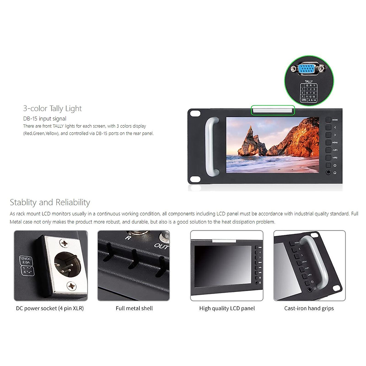 FEELWORLD T51-H Triple 5" 2RU 800×480 Broadcast LCD Rack Mount Monitor with HDMI, AV Input and Output