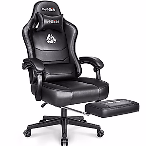 N-GEN Gaming Chair with Footrest Levelled Seat PU Leather Adjustable Ergonomic Lumbar Support High Back Office Swivel Computer Desk Headrest E-Sports PC Gamer Height Reclining (3. Black)