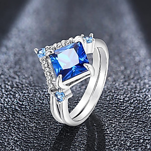 LAZLUVU Sapphire Rings for Women Stackable Cubic Zirconia Ring Wedding Rings for Women Valentine's Day Christmas Jewelry Gift Size 9