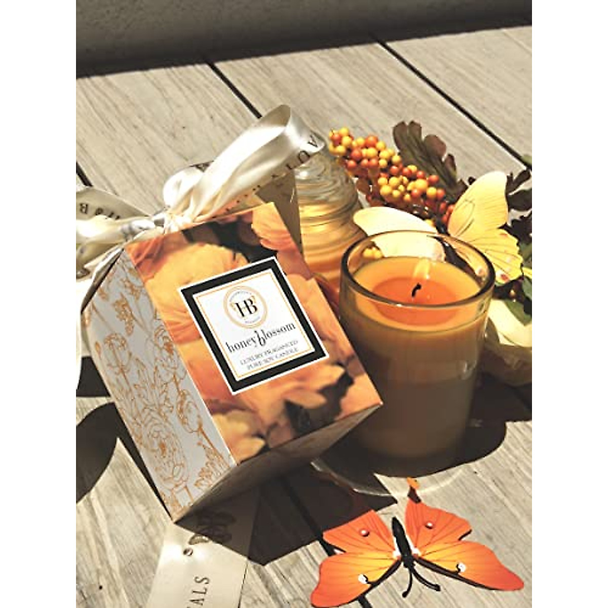 HB HEALTH BEAUTY BOTANICALS Blossom Candle. Honey Citrus Vanilla High Fragrance Soy Candle in Honey Wax 7.5 Oz Gold Glass
