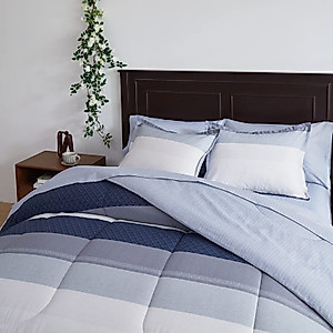 UOZZI BEDDING Cotton Striped Comforter Sheet Set Queen Size 7 Pieces Bed in a Bag with Navy White Blue-Gray Stripes Soft Bed Set (1 Comforter 2 Pillow Shams 1 Flat Sheet 1 Fitted Sheet 2 Pillowcases)