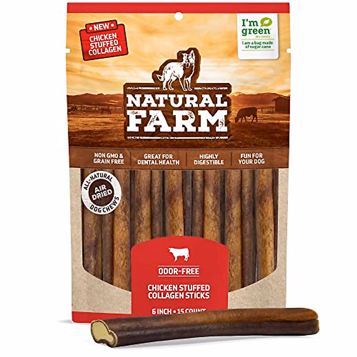 Natural Farm Peanut Butter Stuffed Collagen Sticks for Dogs (6 Inch, 5-Pack), Rawhide-Free Collagen Sticks, Natural Dog Chews, Long Lasting, for Small, Medium and Large Dogs,Rawhide Alternative