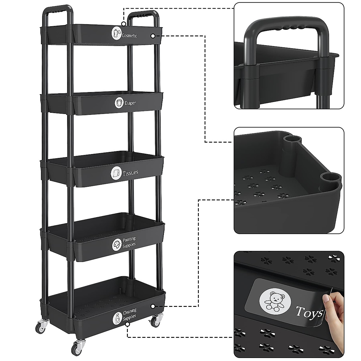 UDEAR 5-Tier Rolling Utility Cart with 12 Category Labels,Multifunctional Storage Shelves with Handle and Lockable Wheels for Room,Office,Kitchen,Bathroom,Black