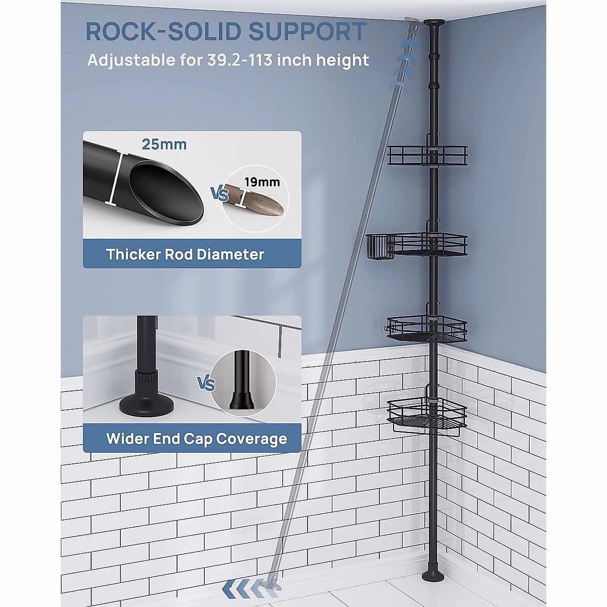 SEIRIONE Corner Shower Caddy Tension Pole, Quick Setup, Rust-Free Bathroom Shower Organizer Corner for Bathtub Shampoo Storage, 4-Tier Adjustable Shelf, Drill Free, Fits 39 to 113 Inch Height, Black