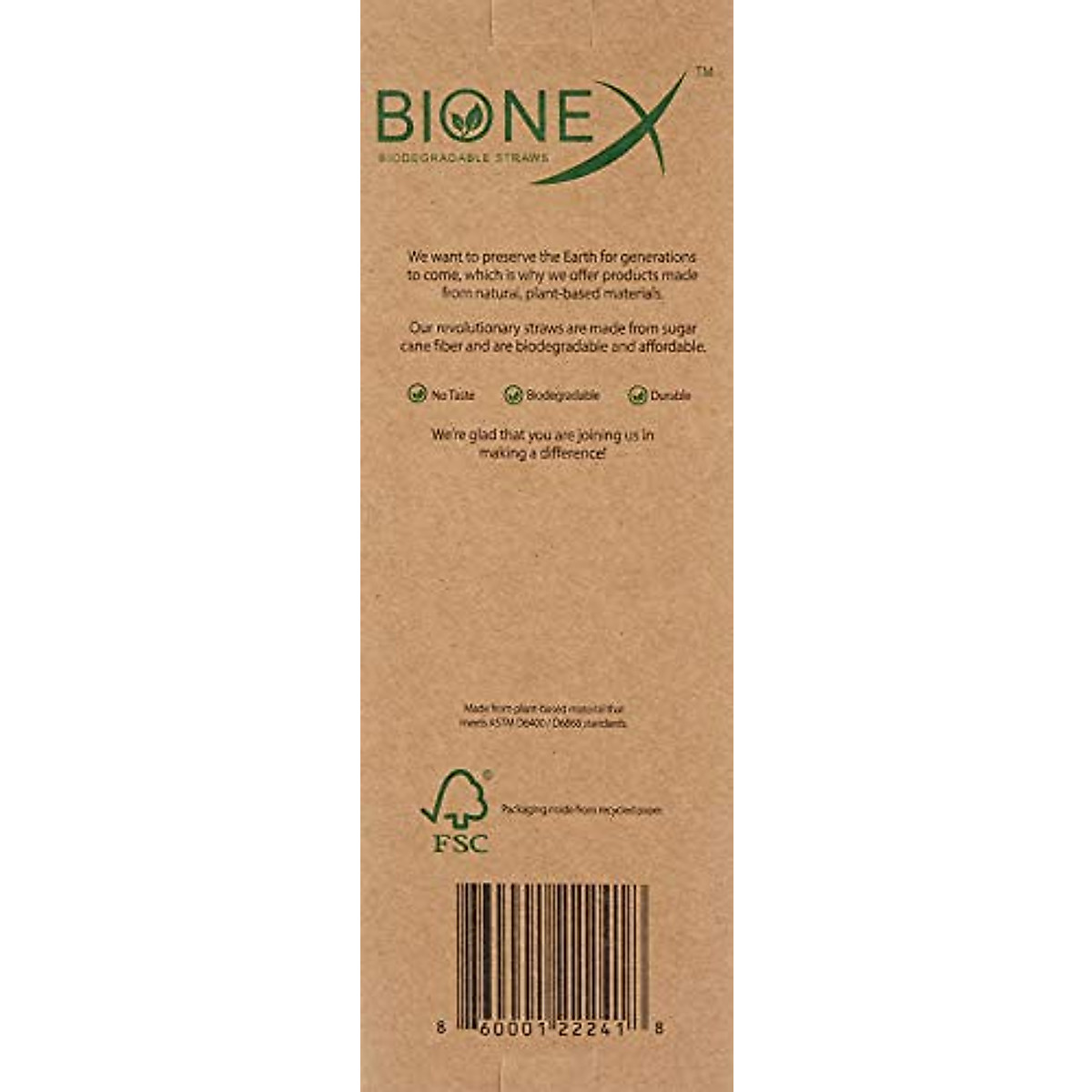 Bionex - Premium Biodegradable Sugarcane Straws, USDA BioPreferred, (8" Length straw), (100 straws/box) Alternative to Plastic
