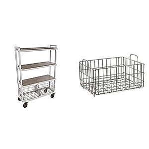 Atlantic System 4 Tier Cart-Wide Mobile Storage, Interchange Shelves and Baskets, Powder-Coated Steel Frame PN in White & Modular Cart System Wire Storage Basket